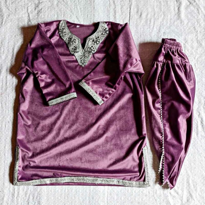 Purple S Velvet Kids Traditional Kashmiri Pheran Set - Gyawun