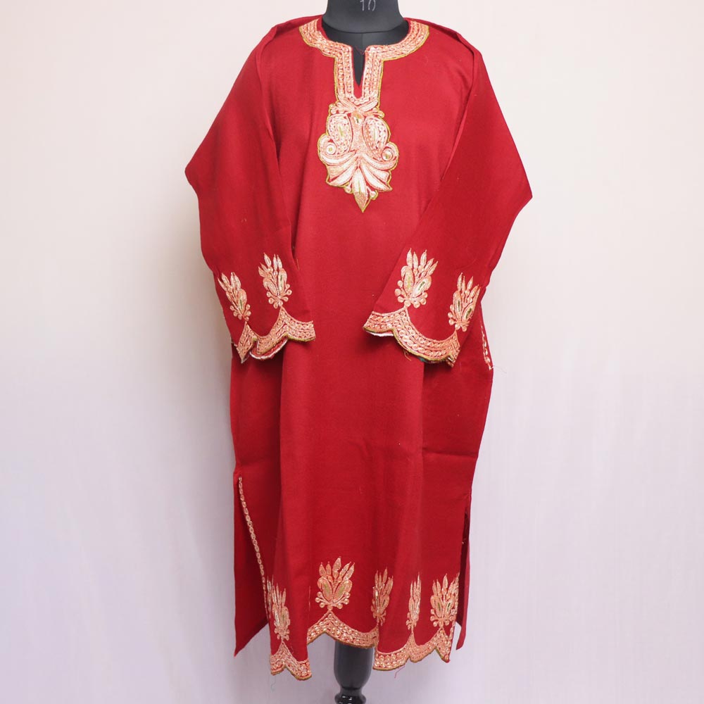 Maroon Posh Raffal Pheran With Border Tilla - Gyawun