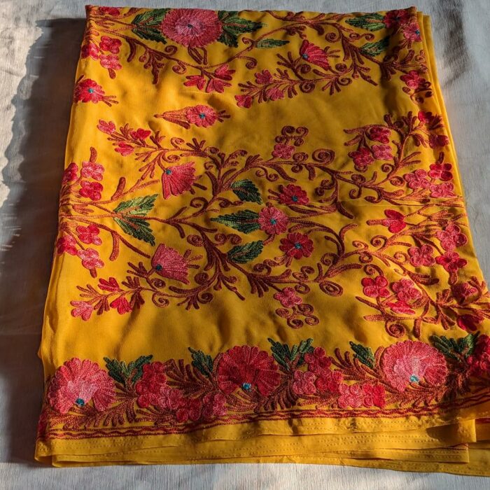 Gorgeous Yellow Georgette Aari Embroidered Kashmiri Saree - Gyawun