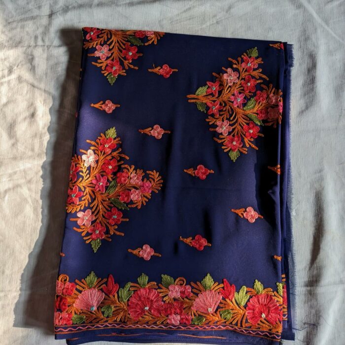 Navy Blue Georgette Aari Embroidered Kashmiri Saree - Gyawun