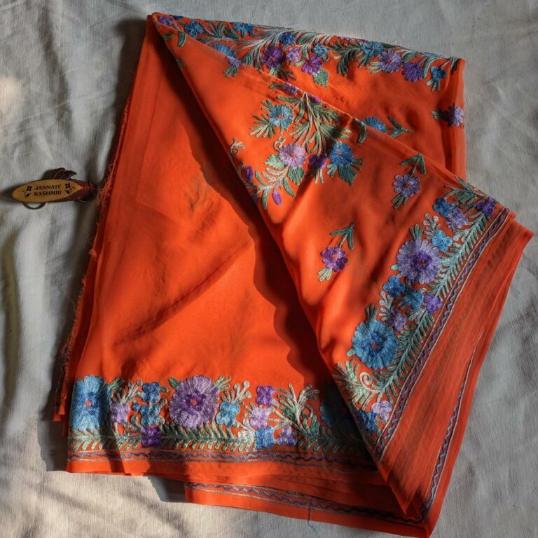 Orange Georgette Aari Embroidered Kashmiri Saree - Gyawun