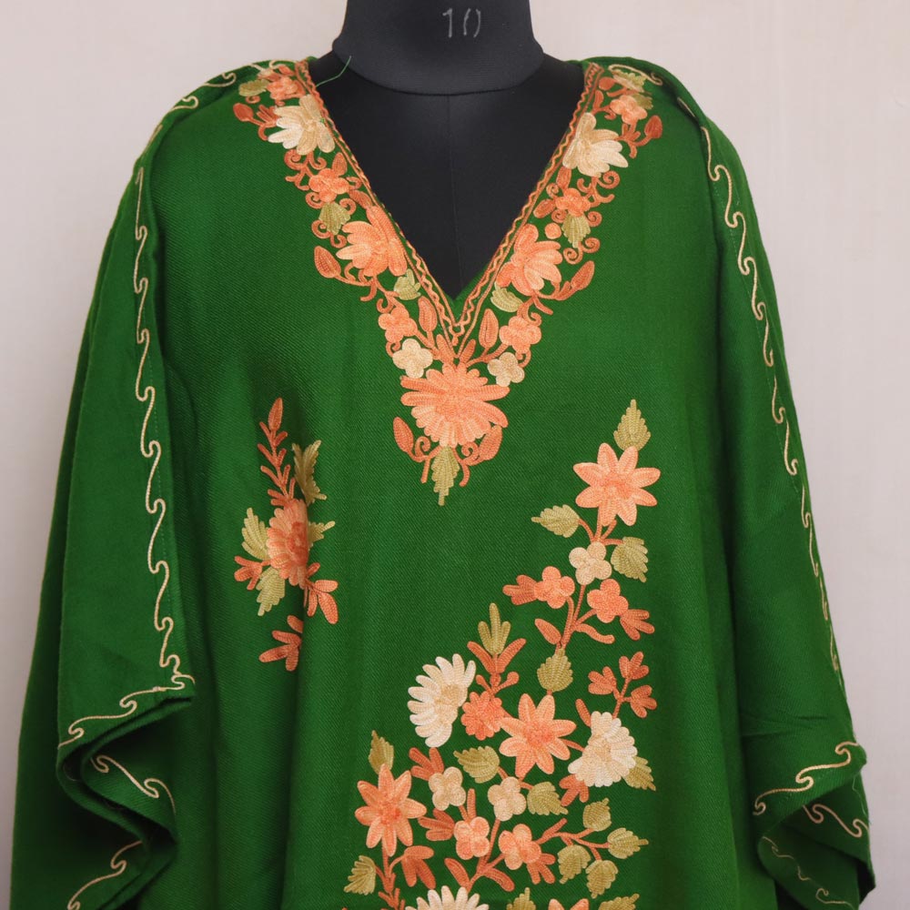 Green Kashmiri Winter Kaftan with Aari Embroidery - Gyawun
