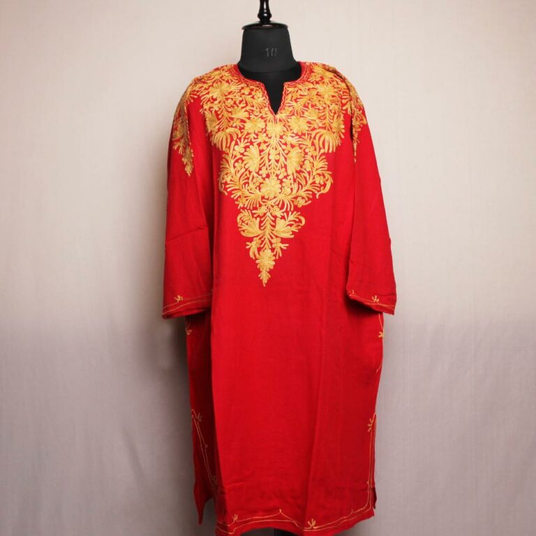 Red Narmeen Kashmiri Pheran With Front Back Aari Embroidery - Gyawun