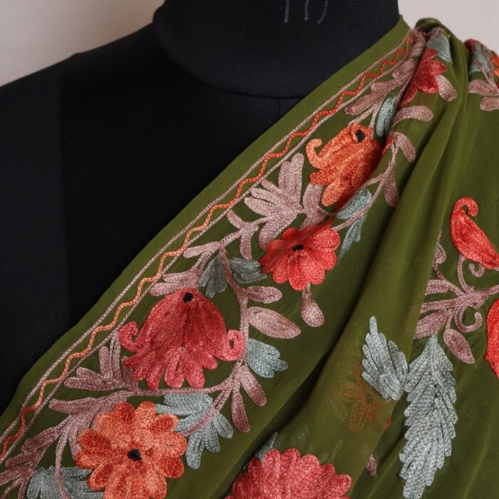 Siyam Mehndi Green Georgette Kashmiri Saree With Aari Embroidery - Gyawun