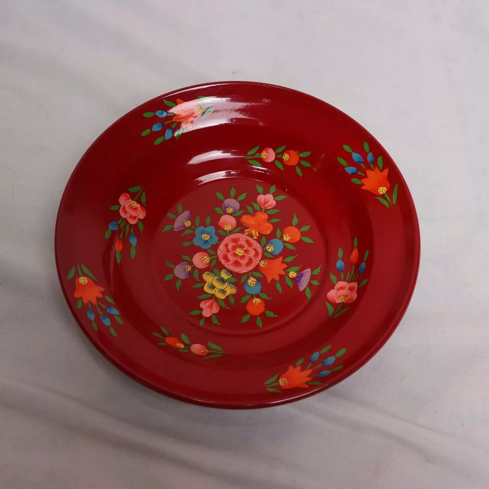 Maroon Hand Painted Kashmiri Enamelware Plate - Stainless Steel - Gyawun