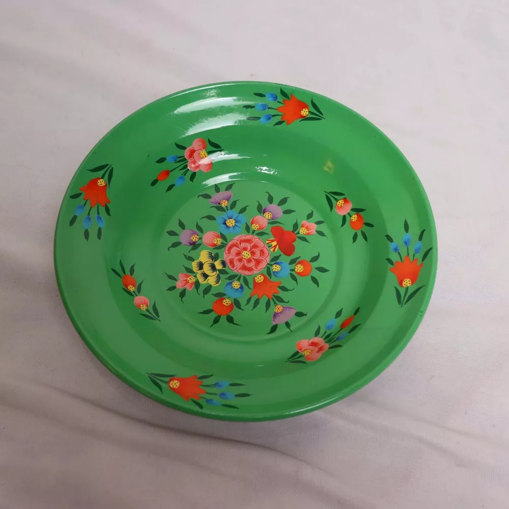Green Hand Painted Kashmiri Enamelware Plate - Stainless Steel - Gyawun