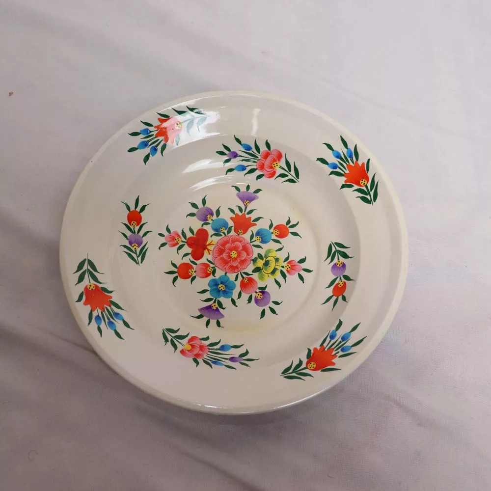 White Hand Painted Kashmiri Enamelware Plate - Stainless Steel - Gyawun