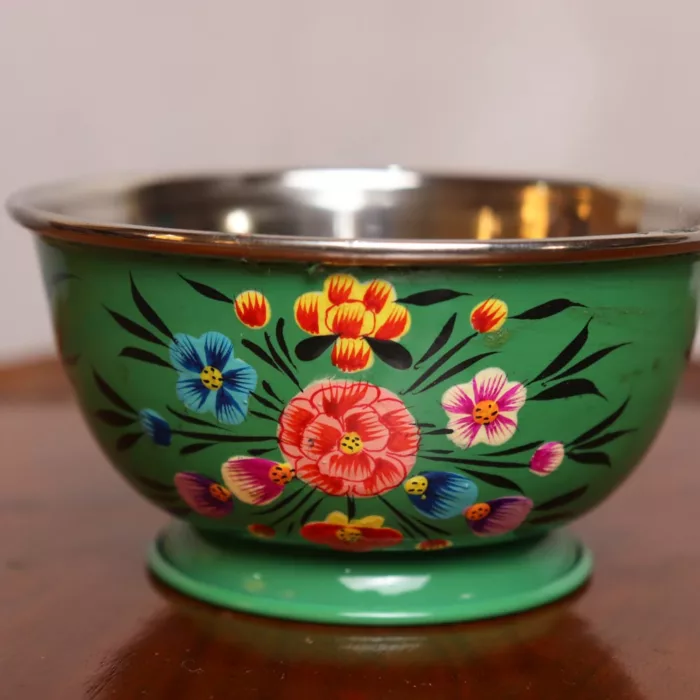 Hand Painted Kashmiri Enamelware Green Bowl - Stainless Steel - Gyawun