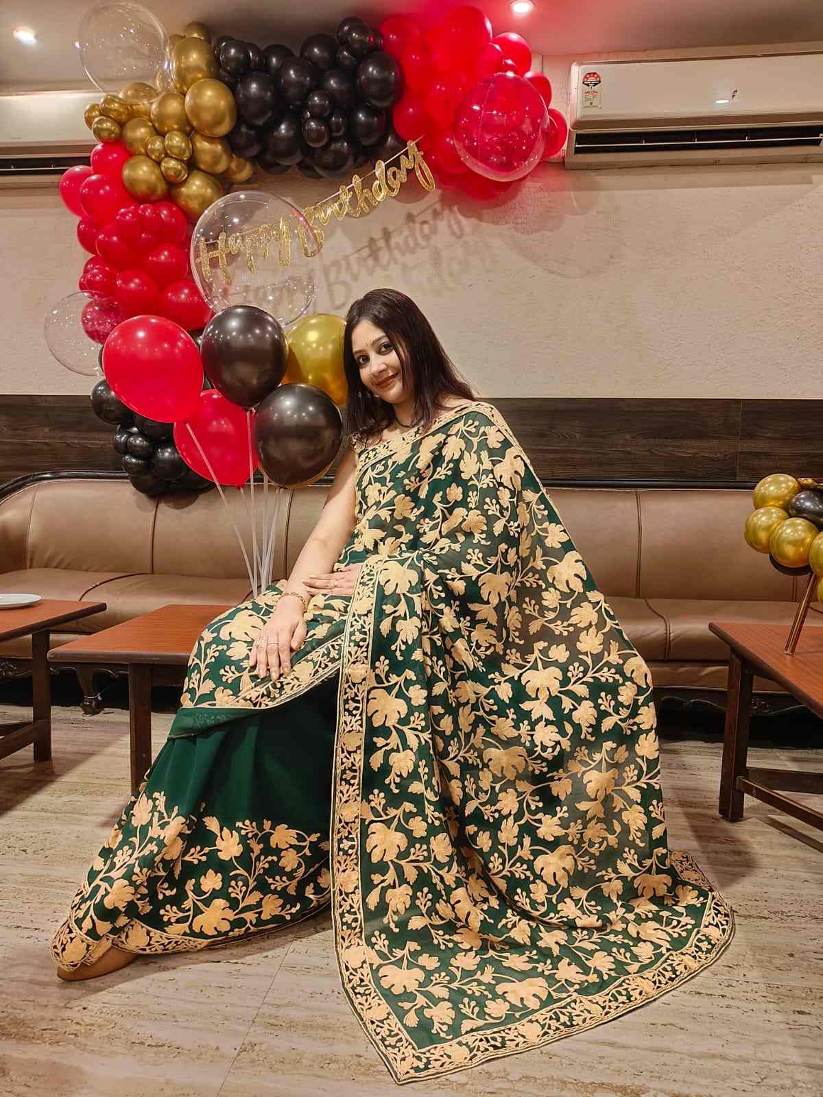 Wine Akh Rang Georgette Saree with White Aari Chinari Work - Roshe ...