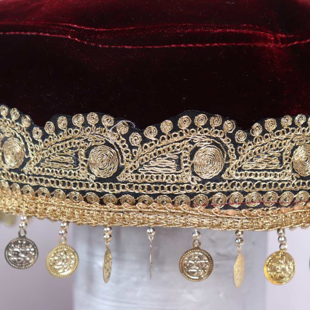 Deep Maroon Kashmiri Bridal Velvet Cap with Tilla Embroidery - Gyawun