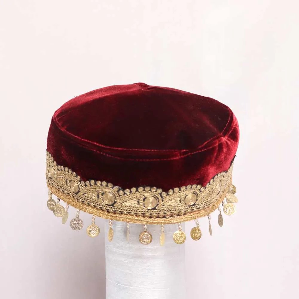 Deep Maroon Kashmiri Bridal Velvet Cap with Tilla Embroidery - Gyawun