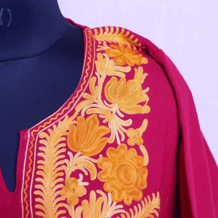 Kashmiri Pink Floral Cashmilon Namawar Feran With Aari Embroidery For ...