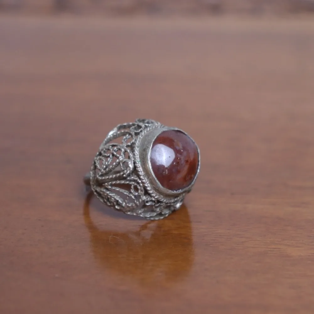 Traditional Antique Silver Natural Aqeeq Adjustable Stone Ring ...