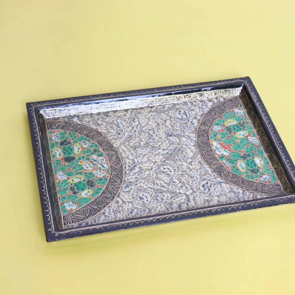 Golden Paper Mache Tray with Hand-Drawn Paisley Artwork - Gyawun