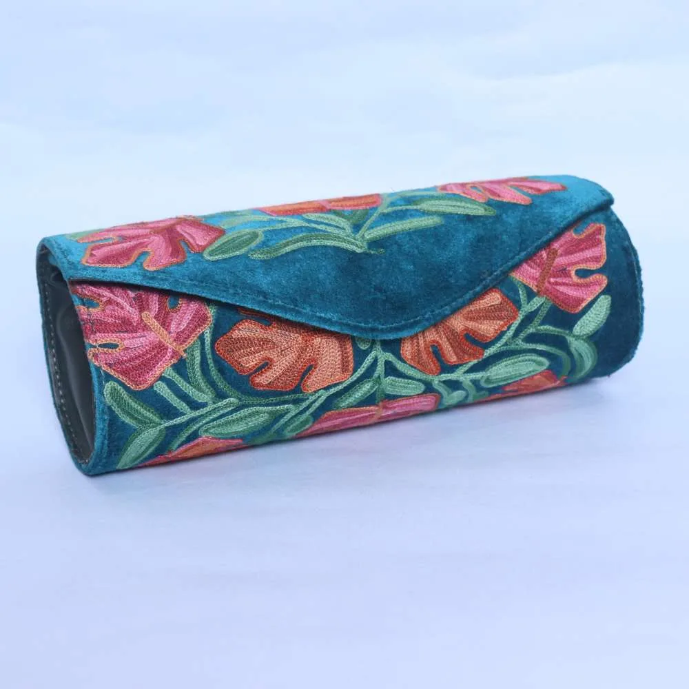 Bottle Green Velvet Round Clutch Bag with Elegent Aari Embroidery - Gyawun