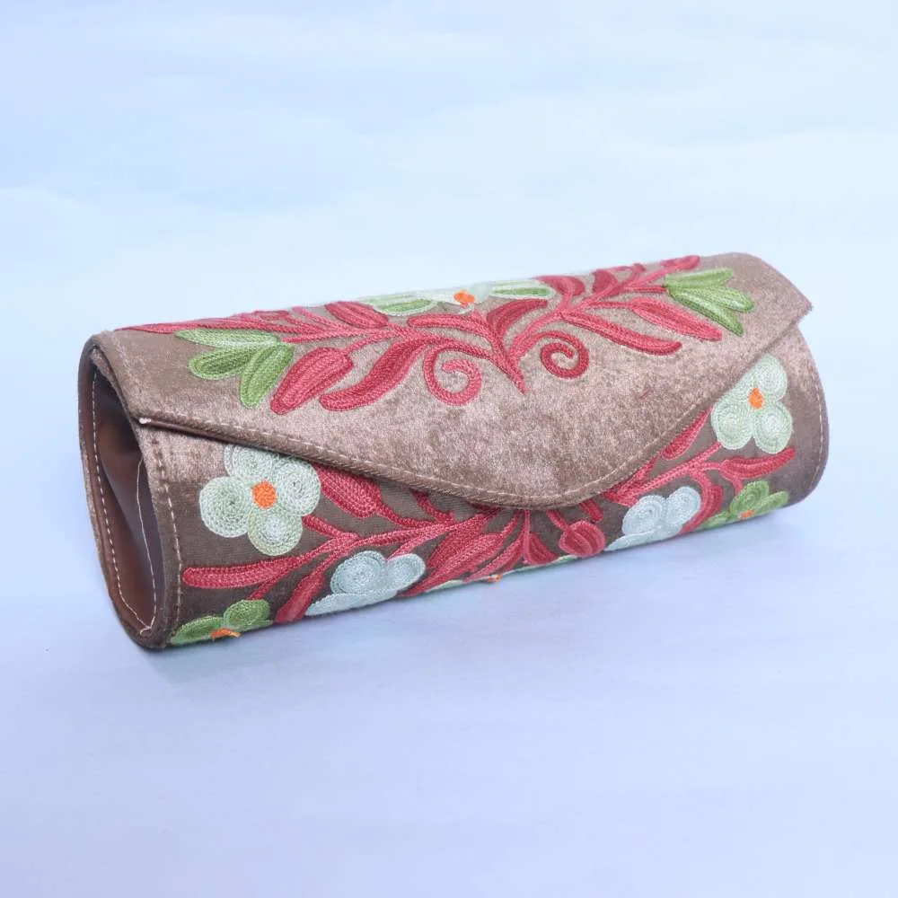 Elegant Chocolate Velvet Round Clutch Featuring Aari Work - Gyawun