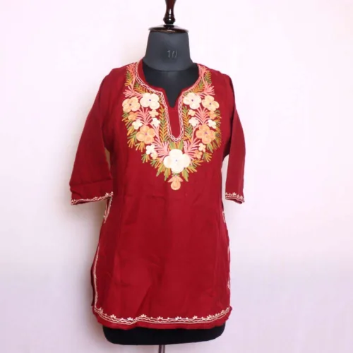 Classic Maroon Aari Embroidered Kids Woolen Pheran | Phiran Girls Dress ...
